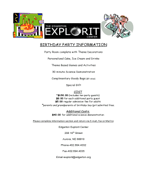 Fillable Online BIRTHDAY PARTY INFORMATION - bedgertonbborgb Fax Email ...