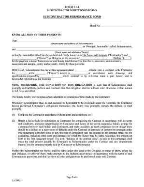 Fillable Online FORM F-7.1 Subcontractor Performance Bond - The Norwood ...