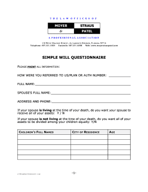 Fillable Online SIMPLE WILL QUESTIONNAIRE - Straus amp Patel Fax Email ...