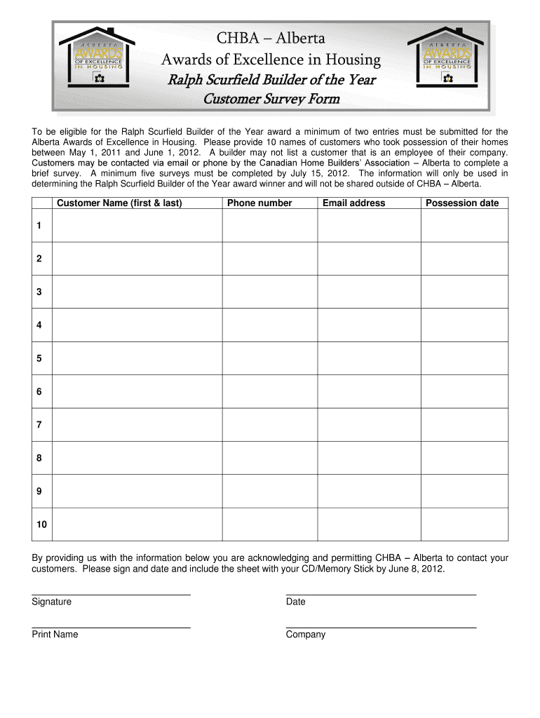 Fillable Online Ralph Scurfield Builders of the Year Customer Survey ...