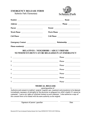 Fillable Online schmitzparkes seattleschools EMERGENCY RELEASE FORM - Schmitz Park School Fax ...