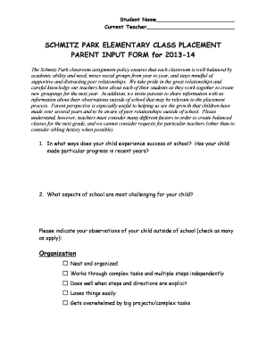 Fillable Online schmitzparkes seattleschools SCHMITZ PARK ELEMENTARY CLASS PLACEMENT PARENT ...