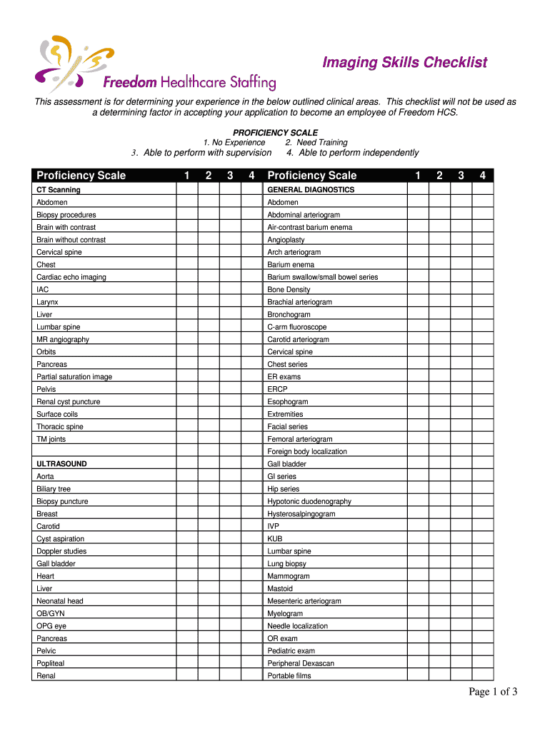 Fillable Online Imaging Skills Checklist - Freedom Healthcare Staffing ...