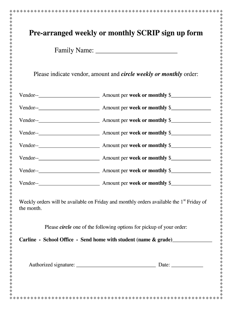 Fillable Online Pre-arranged weekly or monthly SCRIP sign up form Fax ...