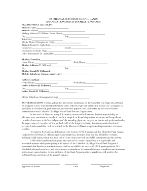 Fillable Online cchsbands PIF 4 - Information And Authorization Form ...
