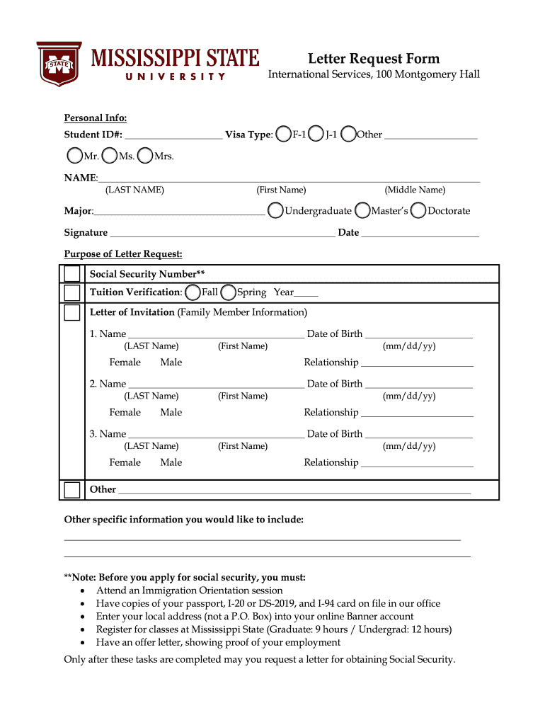 Fillable Online international msstate Letter Request Form - Mississippi State University Fax ...