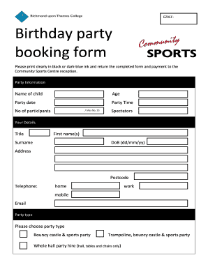 Fillable Online Birthday party booking form - Richmond upon Thames ...