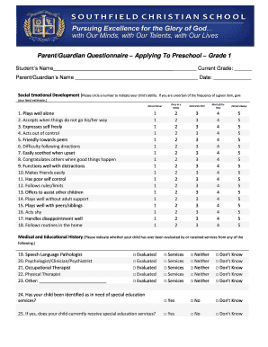 Fillable Online ParentGuardian Questionnaire Applying To Preschool ...