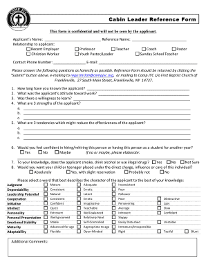 Fillable Online campjyc Cabin Leader Reference Form - Camp JYC! Fax ...