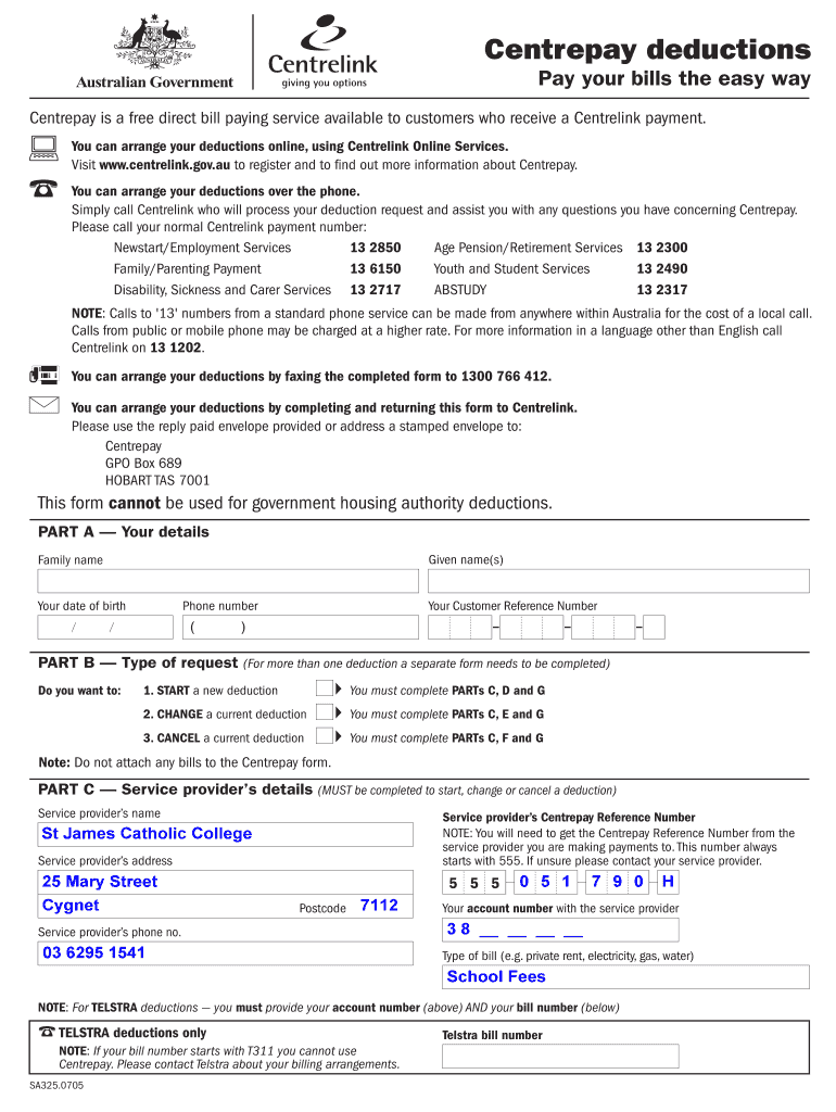 Fillable Online sjcc tas edu SJCC Centrelink Deduction Form - St James ...
