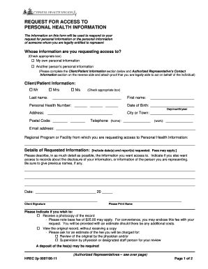 Fillable Online cypresshealth REQUEST FOR ACCESS TO PERSONAL HEALTH ...