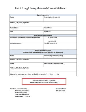 Fillable Online library uno Earl K Long Library MemorialHonor Gift Form ...