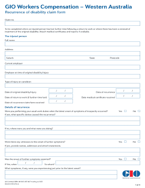 Fillable Online Recurrence of disability claim form - GIO Insurance Fax ...