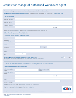 Fillable Online Request for change of Authorised WorkCover Agent - GIO ...