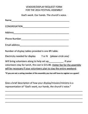 Fillable Online wisynod VENDOR/DISPLAY REQUEST FORM FOR THE 2014 ...