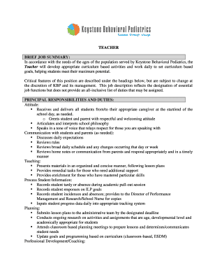 Fillable Online TEACHER BRIEF JOB SUMMARY PRINCIPAL RESPONSIBILITIES ...