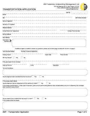 Fillable Online TRANSPORTATION APPLICATION wwwbamfredericksb Fax Email ...