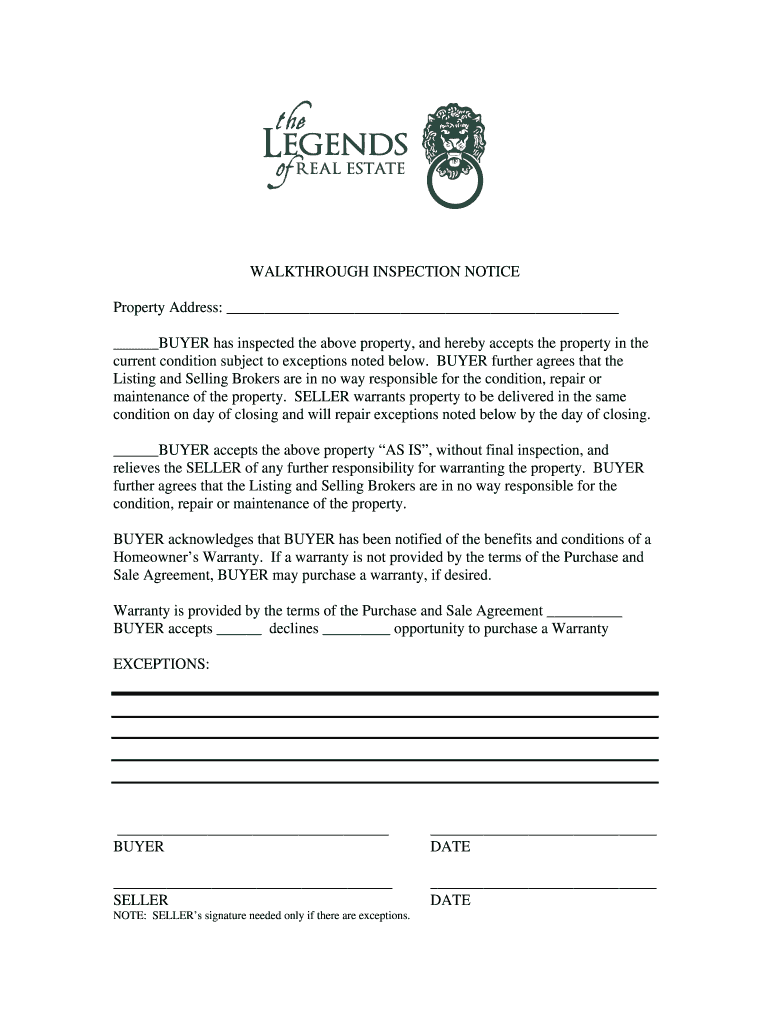 Fillable Online WALKTHROUGH INSPECTION NOTICE - realtywebbiz Fax Email ...