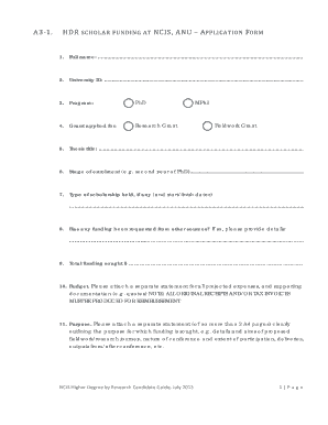 Fillable Online ncis anu edu A3-1 HDR SCHOLAR FUNDING AT NCIS ANU ...