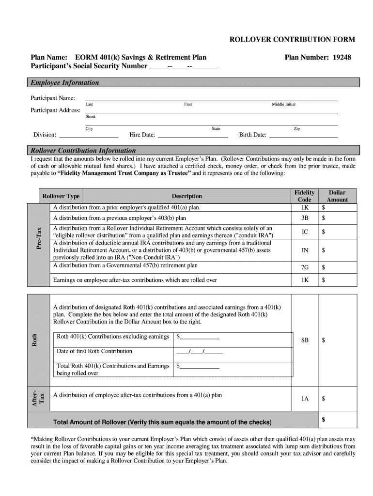 Fillable Online ROLLOVER CONTRIBUTION FORM Plan Name EORM 401k Savings ...
