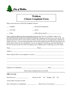 Fillable Online Citizen Complaint Form - City of Wahkon Fax Email Print ...