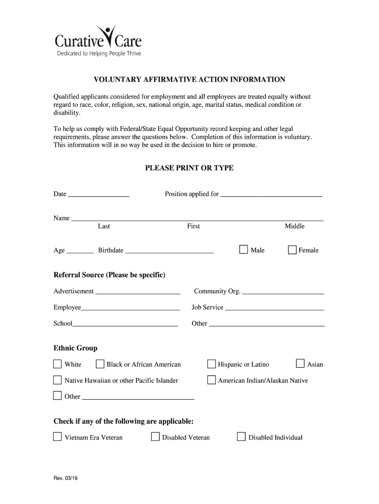 Fillable Online curative VOLUNTARY AFFIRMATIVE ACTION INFORMATION ...