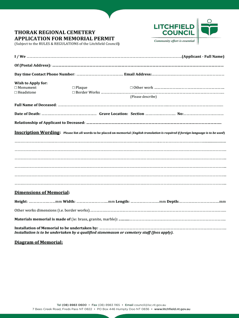 Fillable Online THORAK REGIONAL CEMETERY APPLICATION FOR MEMORIAL ...