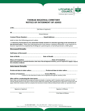 Fillable Online Interment of Ashes Form 2016 Fax Email Print - pdfFiller
