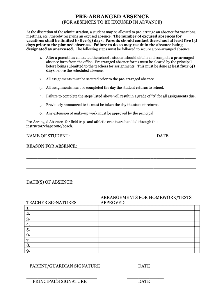 Fillable Online PRE-ARRANGED ABSENCE FOR ABSENCES TO BE EXCUSED IN ADVANCE Fax Email Print ...