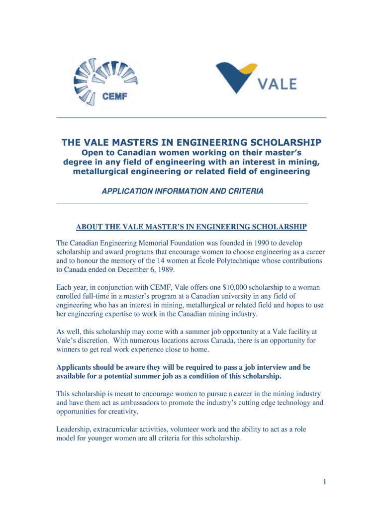 Fillable Online THE VALE MASTERS IN ENGINEERING SCHOLARSHIP ...
