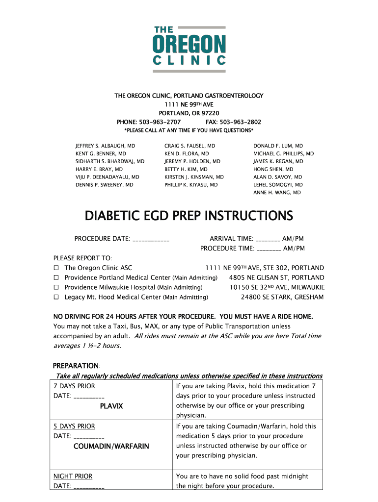 Fillable Online DIABETIC EGD PREP INSTRUCTIONS - The Oregon Clinic Fax ...