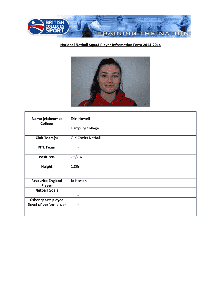 Fillable Online bcsport National Netball Squad Player Information Form ...