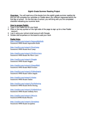 Fillable Online Eighth Grade Summer Reading Project Overview: You will ...