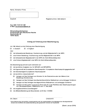 Ausfüllbar Online wpk Antrag auf Erteilung einer Bescheinigung - Wirtschaftspr ferkammer Fax ...