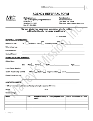 Fillable Online AGENCY REFERRAL FORM - Marley039s Mission Fax Email ...