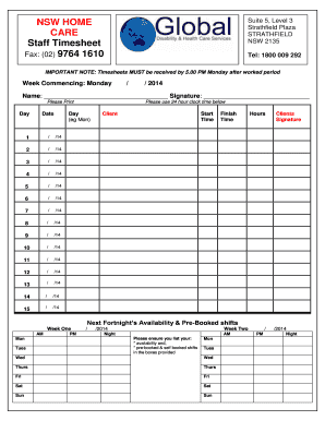 Fillable Online NSW HOME CARE Staff Timesheet - Global Care Staff Fax ...