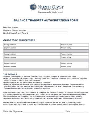 Fillable Online BALANCE TRANSFER AUTHORIZATIONS FORM Fax Email Print ...