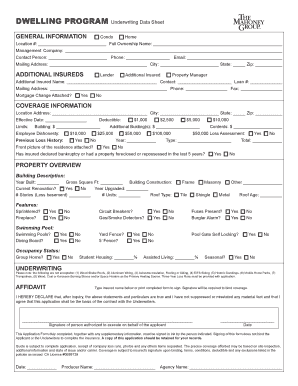 Fillable Online DWELLING PROGRAM Underwriting Data Sheet Fax Email ...