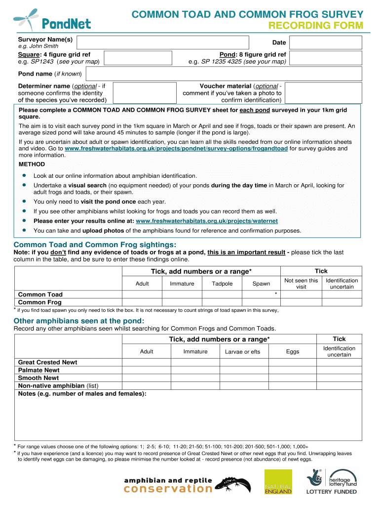 Fillable Online freshwaterhabitats org COMMON TOAD AND COMMON FROG SURVEY RECORDING FORM ...