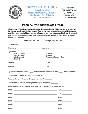 Fillable Online templeton1 Food Pantry Intake Form Fax Email Print ...