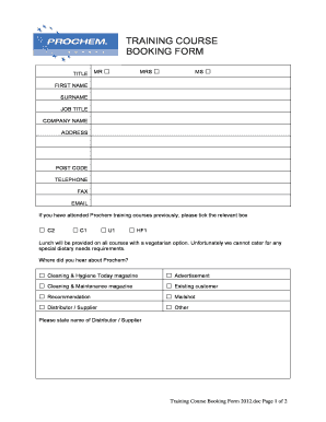 Fillable Online TRAINING COURSE BOOKING FORM - Prochem Europe Fax Email ...