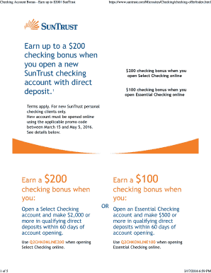 Fillable Online Checking Account Bonus - Earn up to $200 SunTrust Fax ...