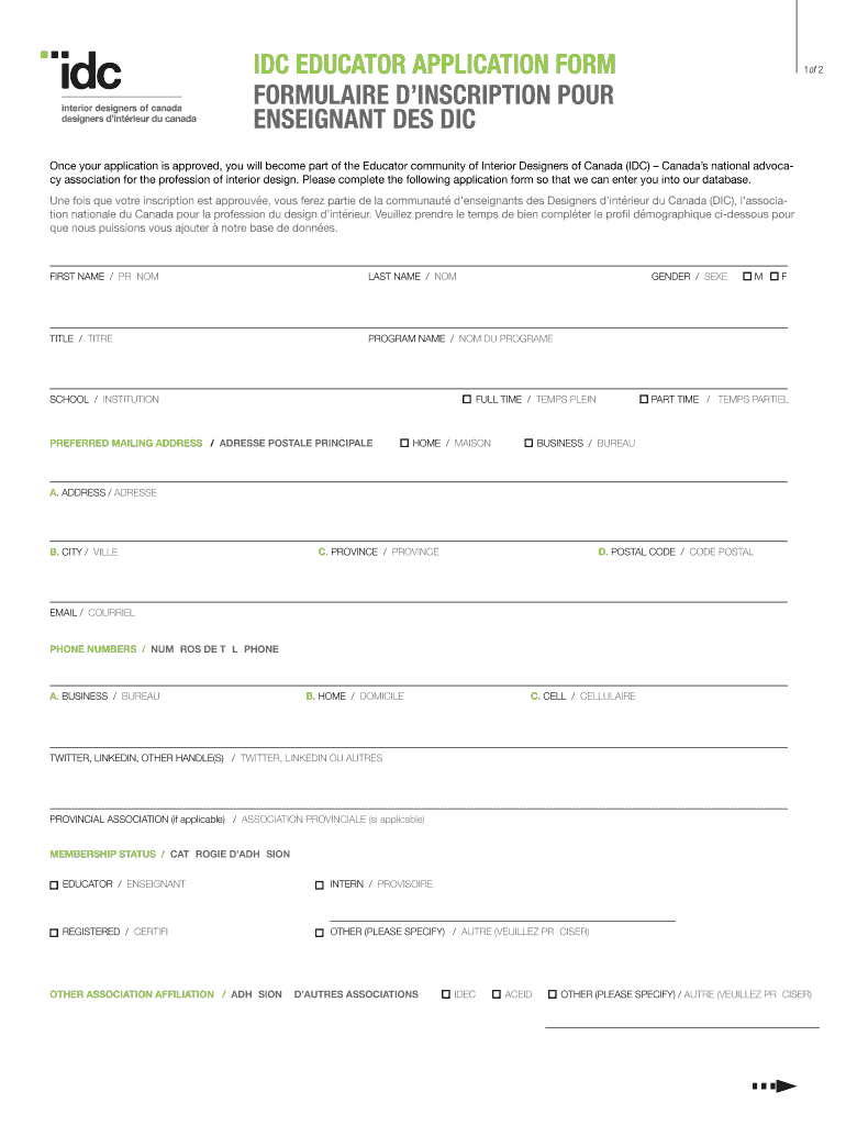 Fillable Online idcanada IDC eDuCator applICatIon form formulaIre ...