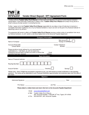 Fillable Online Vendor Direct Deposit EFT Agreement Form Fax Email ...