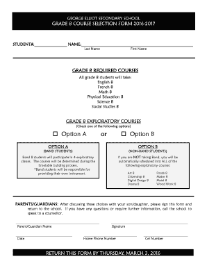 Fillable Online Grade 8 Course Selection Form 2016-2017.pub Fax Email ...