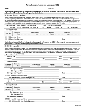 Fillable Online TOTAL CLINICAL HOURS FOR LICENSURE (MC) Section A must ...