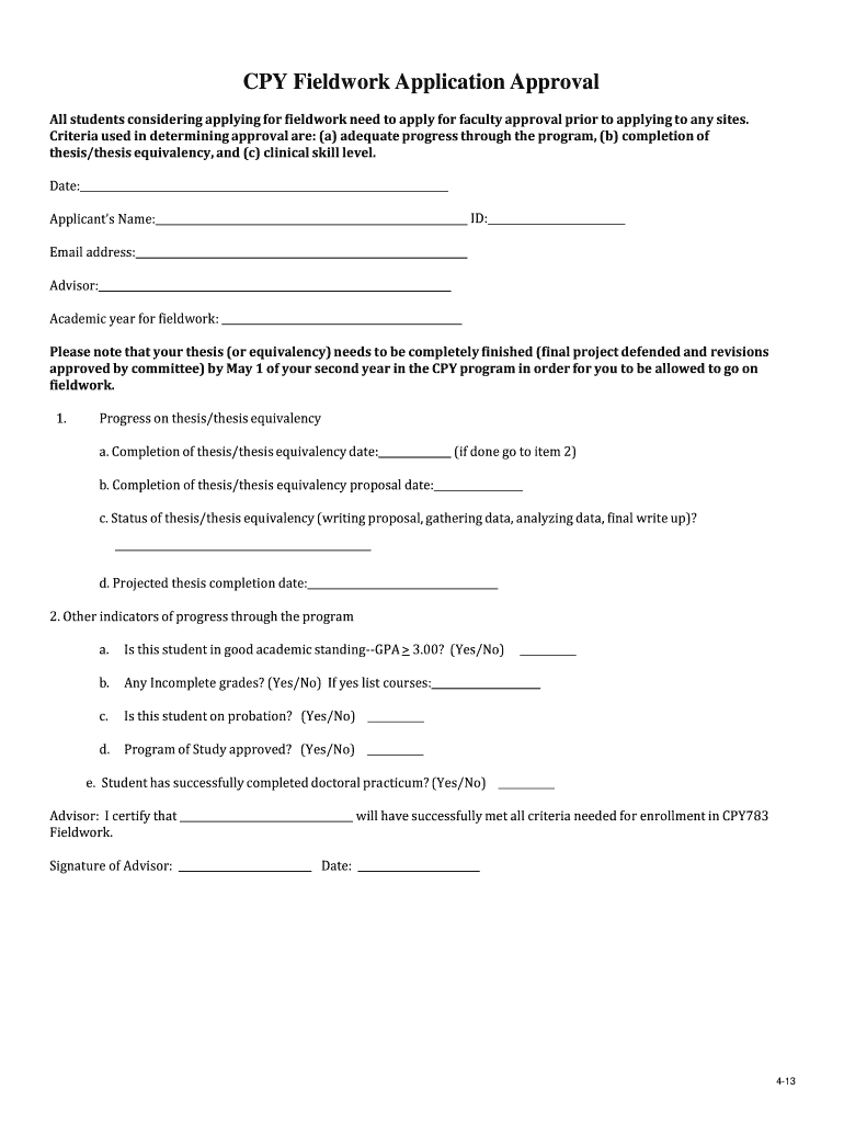 Fillable Online CPY Fieldwork Application Approval - clsasuedu Fax ...