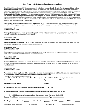 Fillable Online HHC Camp, 2010 Summer PreRegistration Form Fax Email ...