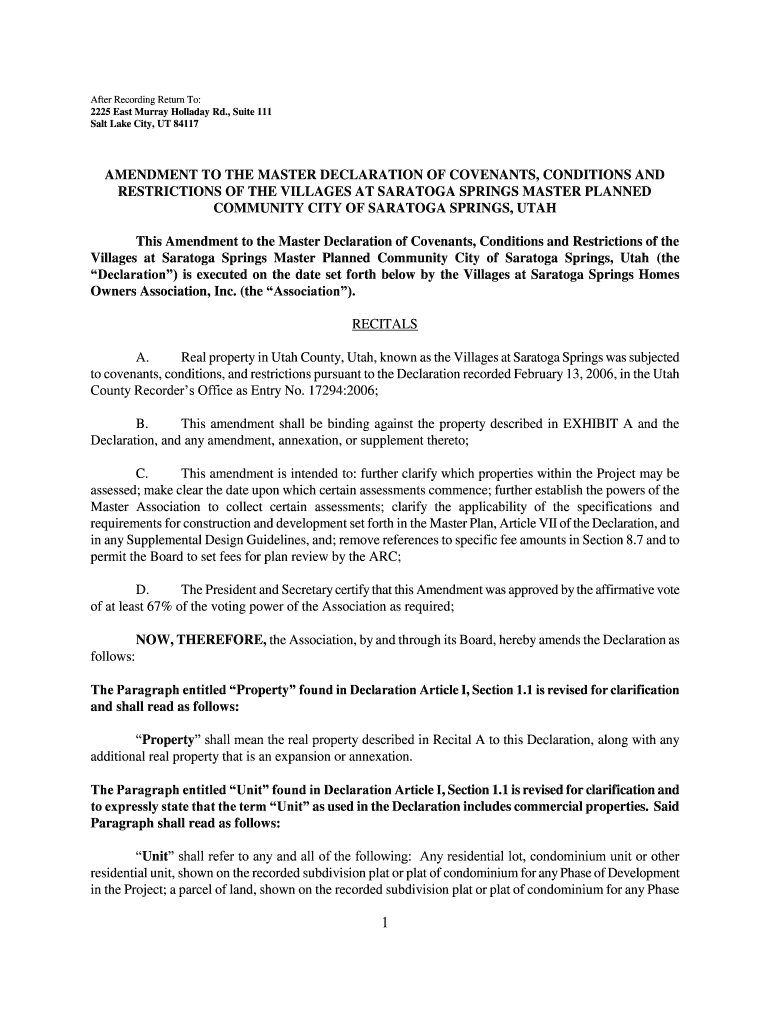 Fillable Online villageshoa AMENDMENT TO THE MASTER DECLARATION OF COVENANTS Fax Email Print ...