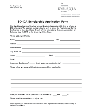 Fillable Online dyslexiasd SD-IDA Scholarship Application Form Fax ...